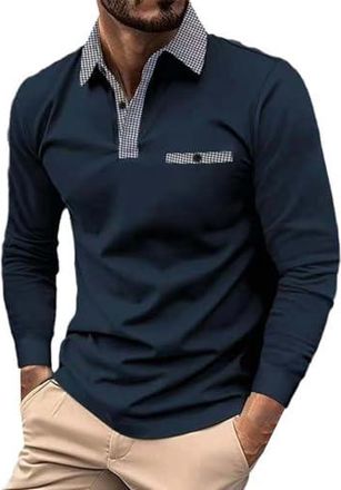 Generic Polo &agrave; manches longues pour homme - Mat&eacute;riau coton d&eacute;contract&eacute; avec poche sur la poitrine, col boutonn&eacute; classique, coupe confortable adapt&eacute;e aux parti