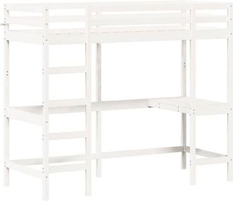 vidaXL Hochbett mit Schreibtisch Weiß 75x190 cm Massivholz Kiefer Vidaxl