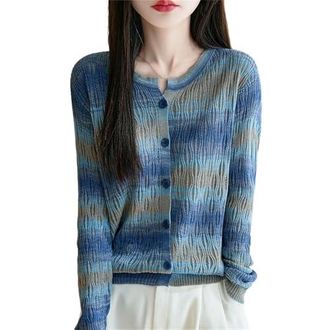 Generic Cardigan en laine et soie pour femme - Col rond - Rayures - Couleurs - Printemps - Bouton en tricot, bleu, Taille S