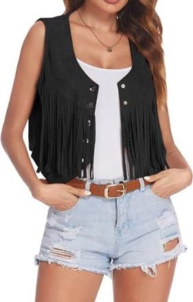 Generic Tenues occidentales pour femmes, gilet &agrave; franges boh&egrave;me, veste de cowboy turquoise, gilets de cowboy vintage, veste western classique, Noir, XXL