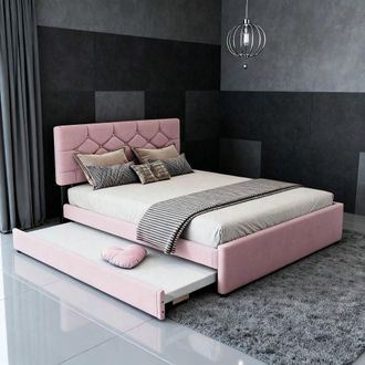 Generic Rosa Samt-Polsterbett 140x200 cm - Mit Lattenrost & Rollcontainer - Minimalistisches Design ohne Matratze