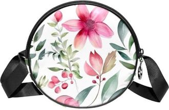 Generic Petit sac &agrave; bandouli&egrave;re circulaire pour femme, motif feuilles florales, sac &agrave; dos avec fermeture &eacute;clair, bretelles r&eacute;glables, sac &agrave; main rond d&eacute;contra