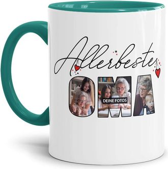 Tassendruck Fototasse mit Spruch - Allerbeste Oma - zum Selbst gestalten mit Foto-Collage für 3 Fotos, Innen & Henkel Türkis, 300 ml