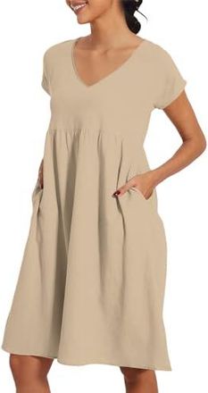 Generic Oyuchga Robe d&eacute;t&eacute; pour femme - Grandes tailles - En lin et coton - &Eacute;l&eacute;gante couleur unie - Manches courtes - D&eacute;contract&eacute;e - Col en V - Col rond - Robe