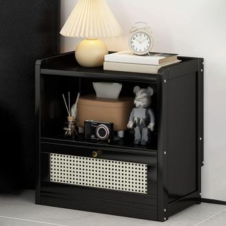 Generic Bambus-Nachttisch, Nachttisch Mit Schubladen Und Unterer Schallwand, Rattan-Schrankt&uuml;Ren for B&uuml;Cher, Schreibtischlampe, Taschent&uuml;Cher