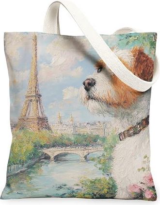 Generic Sac fourre-tout en toile motif chien Russell Terrier printanier 33 x 38,1 cm, tour romantique, sac d&eacute;picerie r&eacute;utilisable pour femme, motif animal de 