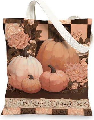 Generic Sacs fourre-tout en toile motif citrouille, sacs de courses réutilisables, légers et lavables avec bandoulière, pêche, 13x15 Inch