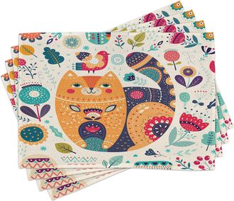 Abakuhaus Paisley Platzmatten, Katze und Blumen-Blatt, Waschbare Stoff Esszimmer Küche Tischdekorations Digitaldruck, Beige Orange