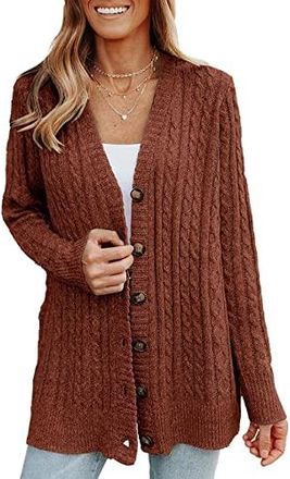ORANDESIGNE Veste Longue Femme Tricot Devant Ouvert Maille Tricot&eacute; Gilet L&eacute;ger Manches Longues Hiver Chic Et Elegant Cardigan Manteau Sweater Brun XL