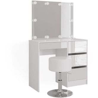 Vicco Coiffeuse Sherry, Blanc, 90 cm avec &eacute;clairage led et tabouret