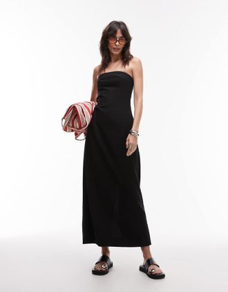 Topshop Robe bandeau mi-longue en lin mélangé à larges coutures - Noir