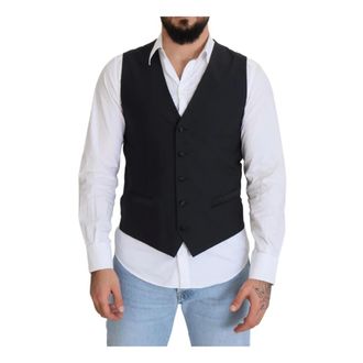 Dolce & Gabbana Homme, Costumes, Noir, Taille: L Gilet Classique Noir en Laine Stretch