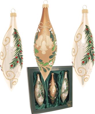 Krebs Glas Lauscha Weihnachtsdekoration/Christbaumschmuck aus Glas - Xmas Forest Oliven - Farbe: Gold - Menge: 3 Stück - Größe: ca. 15 cm