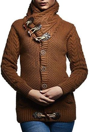 LEIF NELSON Veste en tricot pour femme avec col ch&acirc;le - Cardigan coupe slim avec boutons, camel, M