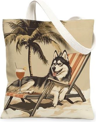 Generic Sac fourre-tout amusant en toile de chien husky pour faire du shopping, 33 x 38,1 cm, sac &agrave; bandouli&egrave;re r&eacute;utilisable pour femme, peinture danimaux dom