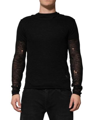 Dolce & Gabbana Mens Black Linen Mesh Tattered Longsleeves T-Shirt Polyester