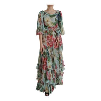 Dolce & Gabbana Blaues Blumenmuster Gestuftes Maxi Seidenkleid - - Dresses - Damen - Mehrfarbig - XS