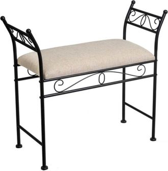 Wadiga Banquette en m&eacute;tal noir et assise rembourr&eacute;e lin beige 74x30x67cm