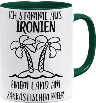 OM3 Ich stamme aus Ironien einem Land am sarkastischen Meer Kaffee-Tasse - Keramik Becher - 11oz 325ml - Spruchtasse mit Palme & Insel - Grün