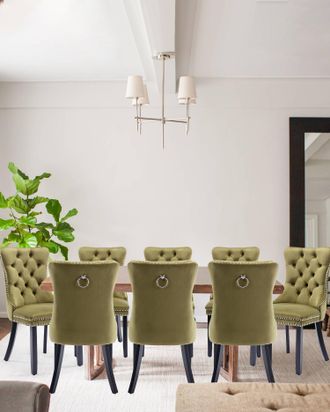 Generic Samtgepolstertes, Getuftetes Esszimmerstuhl-Set Mit Nagelkopfbesatz Und Beinen Aus Massivholz - Beige (für Esszimmer, Küche, Restaurant)(Olive Green,S