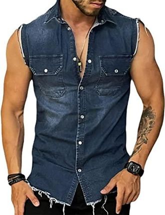 Onsoyours Homme Gilet en Jean Veste Courte sans Manches en Jean Vintage Délavé Décontractée Manteau Gilet Denim Veste de Moto Casual Outwear Poches A Bleu XXL