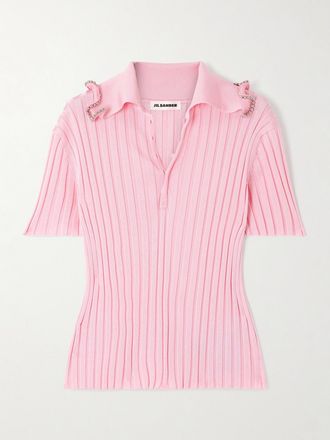 Jil Sander Polohemd Aus Rippstrick Mit Zierperlen - Pink