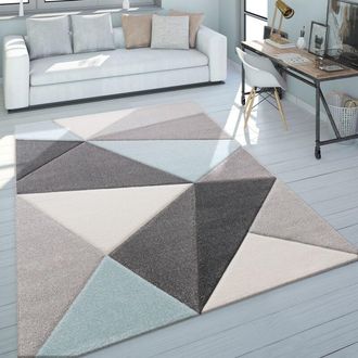 Paco Home Paco Home - Tapis 3D Triangles Pastel Tendance Gris Turquoise 80x300 cm