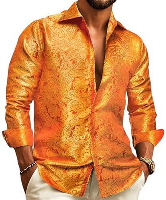 Barry.Wang Chemise habill&eacute;e pour homme en soie cachemire &agrave; manches longues boutonn&eacute;e grande et grande chemise tendance loisirs f&ecirc;te de mariage bal, Or/orange., X