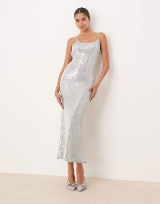 Amy Lynn Robe longue &agrave; encolure d&eacute;gag&eacute;e et sequins - Gris