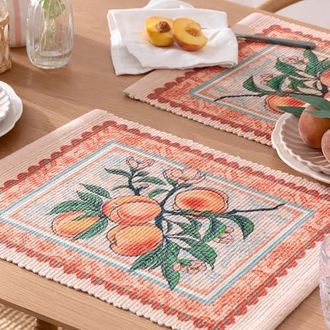 furn. Anemone Peaches Tischsets - Waschbare Jakobinischen Blumenund Fruchtmuster F&uuml;r Drinnen Und Drau&szlig;en Satz Von 4 Schnelltrocknend Platzsets (Mehrfarbig -
