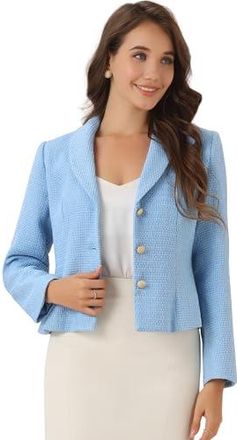 Allegra K Blazers en Tweed pour Femmes Col à Revers Manches Longues Vestes Courts Blazer Boutonné Cintré Costume daffaires Blazer dautomne et dhiver Bleu M