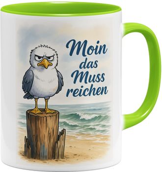 OM3 lustige M&ouml;we Aquarell Kaffee-Tasse mit Spruch - Moin das muss reichen - Maritim K&uuml;ste Norddeutschland - Keramik Becher - 325ml - Beidseitig Bedruckt -