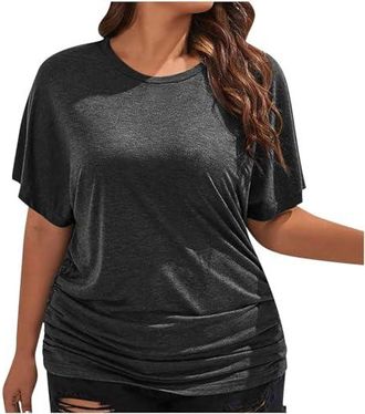 Generic Chemise unie à manches courtes pour femme, coupe classique, grande taille, col rond, manches courtes, t-shirt basique, doux, léger et confortable, vêt