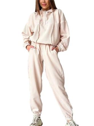 Generic Surv&ecirc;tement 2 pi&egrave;ces pour femme, coupe d&eacute;contract&eacute;e, chandail &agrave; capuche &agrave; manches longues et pantalon &agrave; jambe large, ensemble de d&eacute;tente abricot, tail