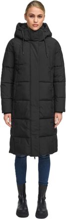 Marikoo Damen Wintermantel (XS-6XL) gesteppt, lange Form, abnehmbare Kapuze, Magnettaschen - N057 - Schwarz Gr.XXL - Gr.XXL