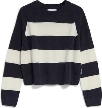 Armedangels Damen Pullover Loose Fit aus Bio-Woll Mix DILIRIAA Stripes Loose Fit Steel Melange-oatmilk