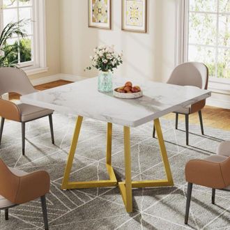 Tribesigns Tribesigns Quadratischer Esstisch f&uuml;r 2, 80 cm, moderner Esstisch mit Metallfu&szlig;, K&uuml;chentisch f&uuml;r Esszimmer, kleiner Raum, Wohnung, Wei&szlig; & Gold