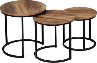 IDMarket Hawkins 3er Set Beistelltische rund 30/40/45 dunkles Holz Industriedesign