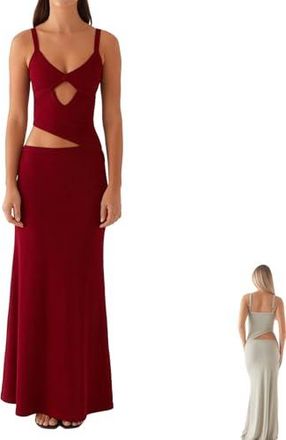 Generic Robe maxi pour femme avec bretelles spaghetti et découpées, sans manches, col en V, couleur unie, robe maxi étroite avec bretelles spaghetti, rouge bo