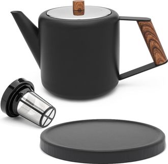 Bredemeijer Teekanne Set 1.1 Liter - Edelstahl doppelwandig Schwarz - Gro&szlig;er moderner Teebereiter mit Tee-Filter-Sieb-Aufsatz f&uuml;r losen Tee - inkl. Holz-Untersetz