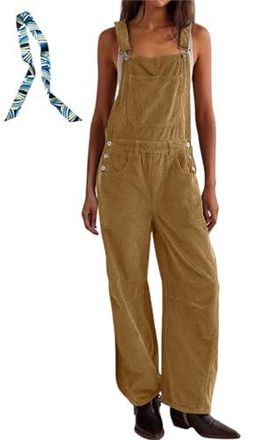 Generic Salopette ample en velours c&ocirc;tel&eacute; pour femme, combinaison &agrave; jambes larges, bretelles r&eacute;glables d&eacute;contract&eacute;e avec poches, jaune fonc&eacute;, XL