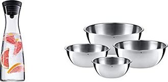 WMF Basic Wasserkaraffe 1,5 liter, Glaskaraffe mit Deckel, Silikondeckel, CloseUp-Verschluss & Gourmet Schüsselset 4-teilig, Edelstahl Schüsseln für die K