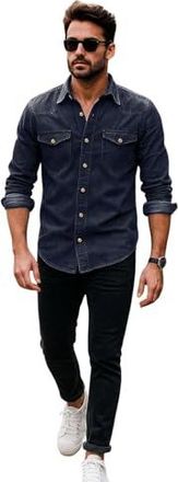 True Face Chemise en jean pour homme, 100 % coton, multi-poches, manches longues, col boutonn&eacute;, effet d&eacute;lav&eacute;, bleu marine, L