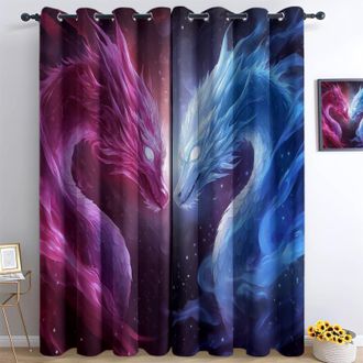 Generic Blickdicht Vorhänge mit Drucken, Verdunkelungs mit Ösen Gardinen Fantasy Anime Drache Thermo Isoliert Lärmminderung Vorhange für Schlafzimmer, Wohnzim