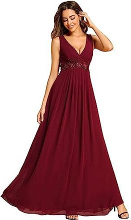 Ever-pretty Robe Mariage Invitée Femme Longue Plis de Fleurs Décolleté en V sans Manches A Line Chic Bordeaux 52