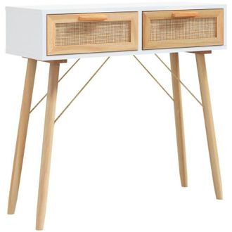 vidaXL Konsolentisch Wei&szlig; 80x30x75 cm Massivholz Kiefer Natur-Rattan - Vidaxl