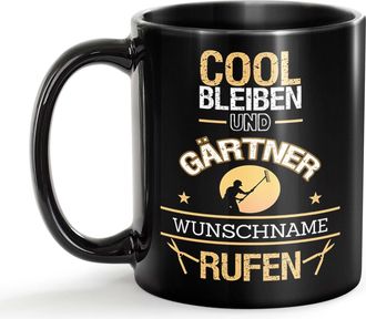 Tassendruck Schwarze Tasse für Gärtner mit Name - Cool bleiben und Name rufen - Geschenk für Kollegen zum Geburtstag | Personalisierte Geschenke, Keramik Schwarz,