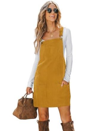 Cupshe Robe dautomne en velours c&ocirc;tel&eacute; avec poche avant et col carr&eacute;, bretelles larges, style d&eacute;contract&eacute;, jaune, Taille M