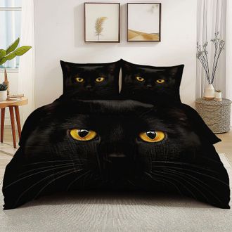 Generic Bettw&auml;sche Tierische Nahaufnahme Schwarze Katze Muster 135 x 200cm Atmungsaktiv Langlebig Bettbezug Set Schwarz Bettbezug Alle Jahreszeiten mit Rei&szlig;ve