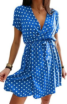 ORANDESIGNE Robe Femme Été Manche Courte à Pois Imprimé Boho Robe Courte Chic Col V Longues Dress Taille Haute élégant Robe De Cocktail B Bleu XL